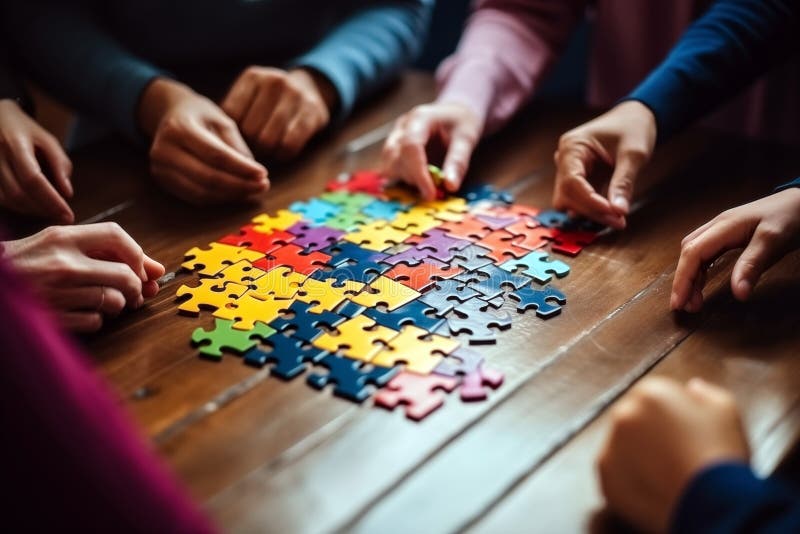 Close Up of Multiethnic Group of People Assembling Jigsaw Puzzle Stock ...