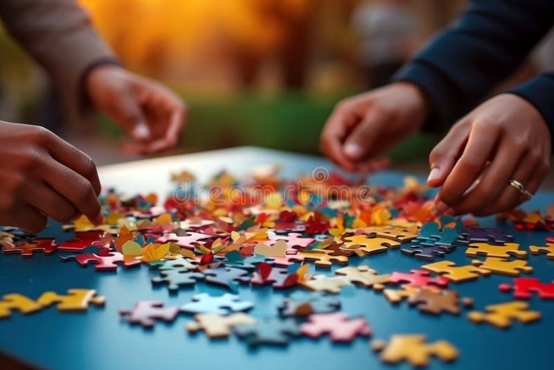 Close Up of Multiethnic Group of People Assembling Jigsaw Puzzle Stock ...