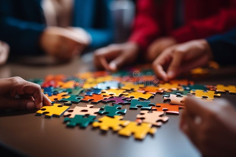 Close Up of Multiethnic Group of People Assembling Jigsaw Puzzle Stock ...