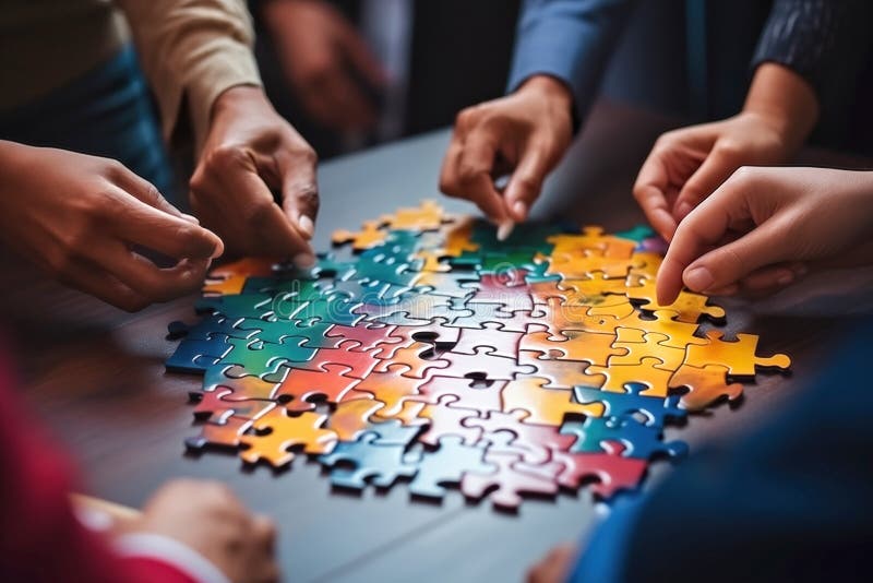 Close Up of Multiethnic Group of People Assembling Jigsaw Puzzle Stock ...