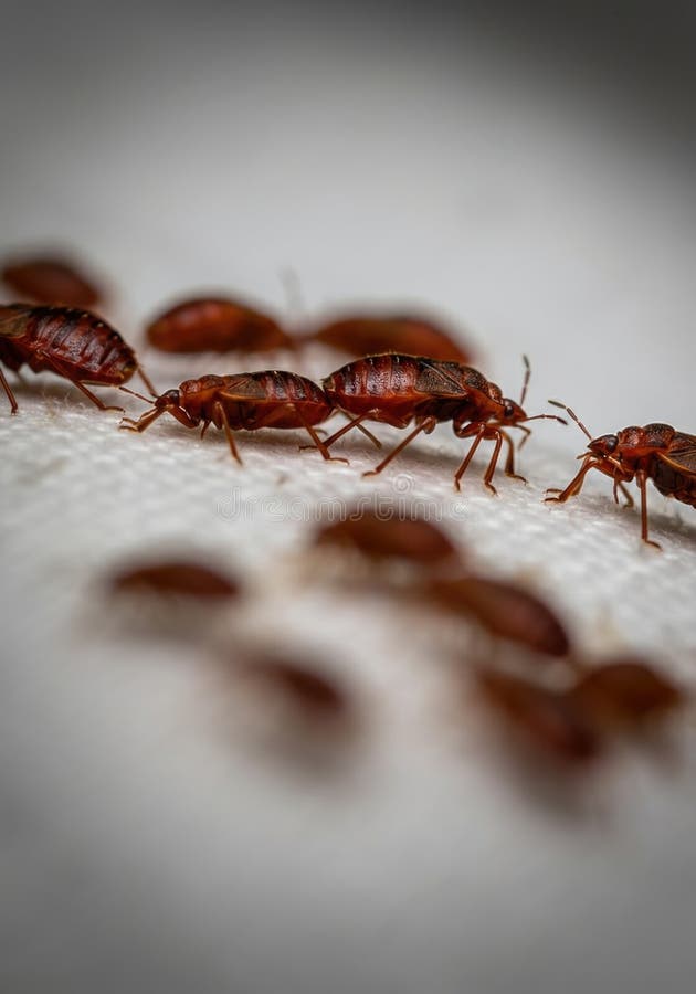 Close-up of Multiple Bed Bugs Crawling on a Light-colored Surface. the ...
