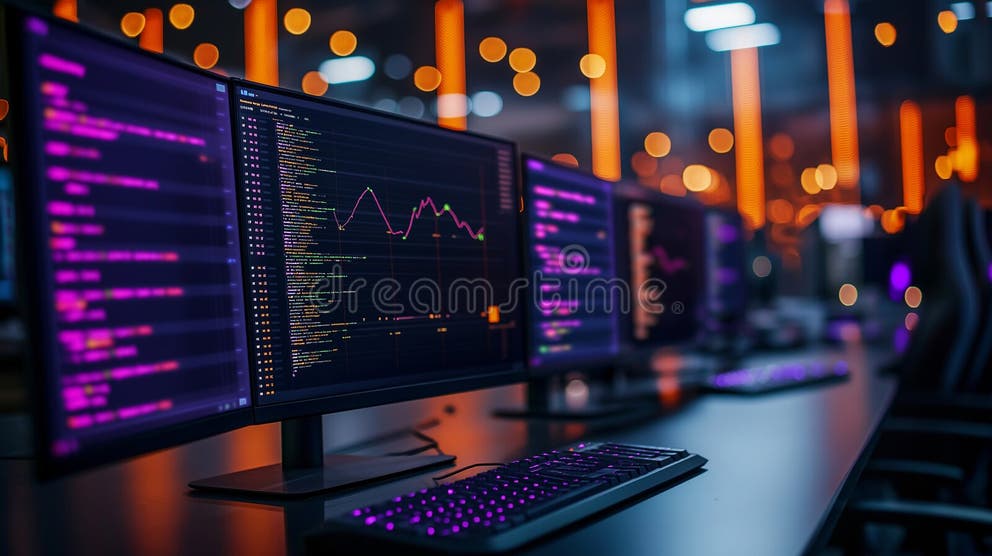 Close Up of Multiple Computer Monitors Displaying Colorful Data ...