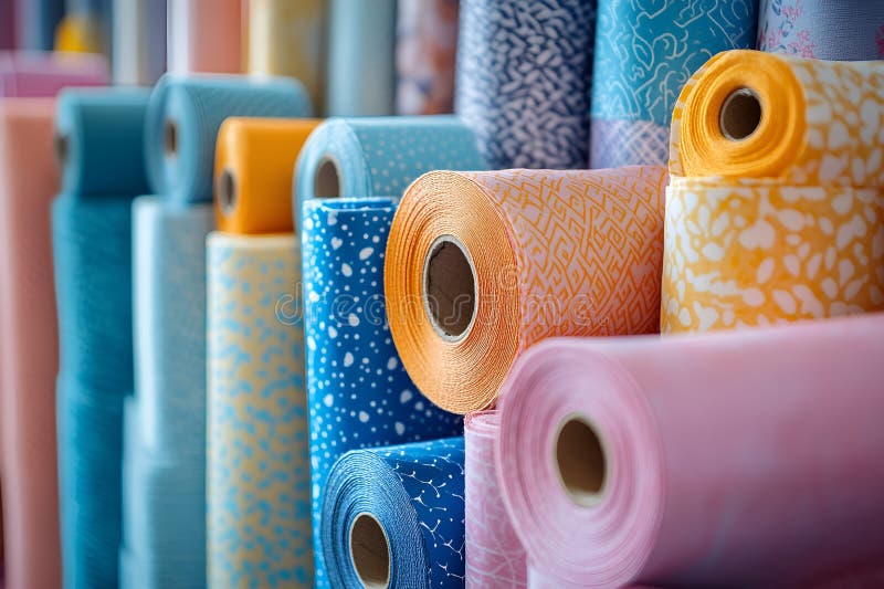 Close-up of Multiple Fabric Rolls in Vibrant Colors and Patterns Neatly ...