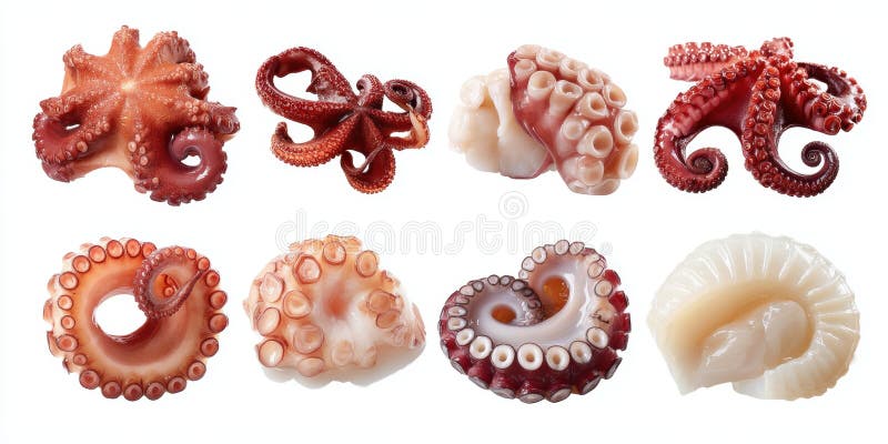 Close-up of Multiple Fresh Octopus Heads on a White Surface ...
