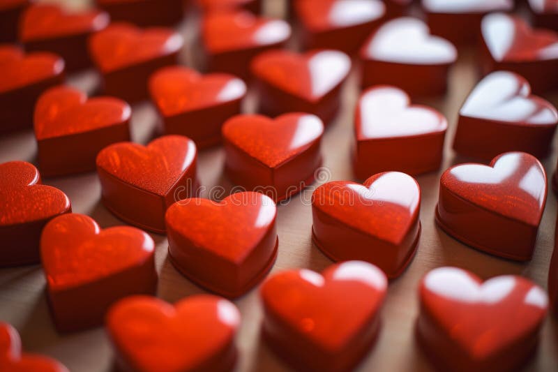 Close-up of Multiple Red Heart-shaped Chocolates Arranged on a Wooden ...