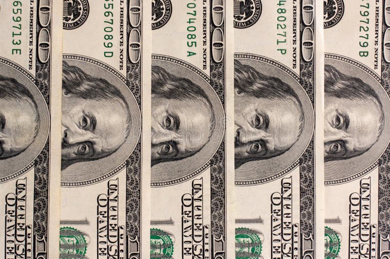 Close-up of Multiple US 100 Dollar Bills Arranged in Neat Row, Showing ...