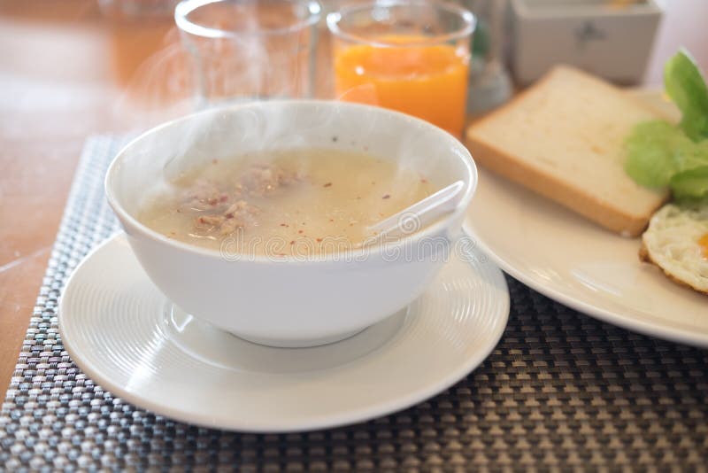 Close Up of Mush Morning, Mush in White Bowl on the Wooden Table Stock ...