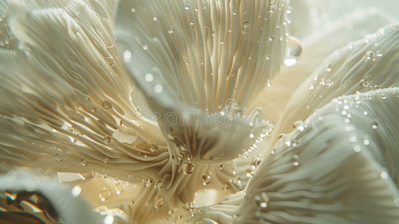 Close-up of Mushroom Underside, Hyper-Realistic Texture with Dew Drops ...