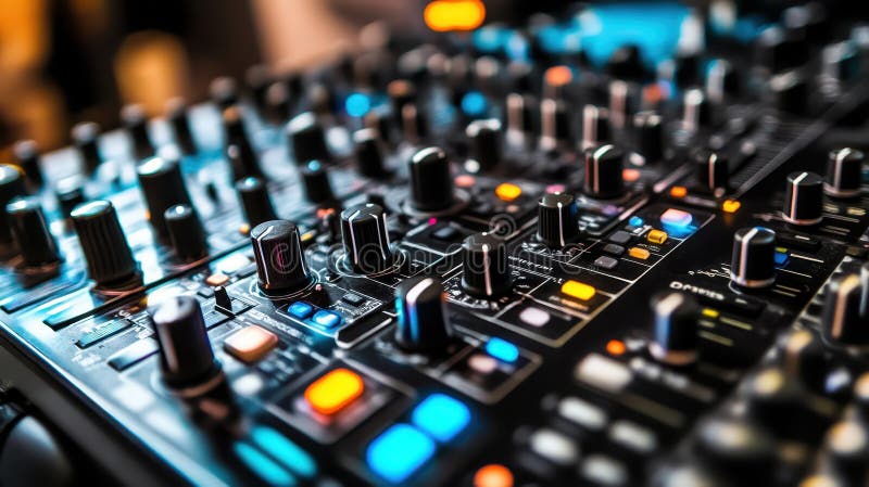 Close-up of a Music Mixing Console Showcasing Various Knobs and Buttons ...