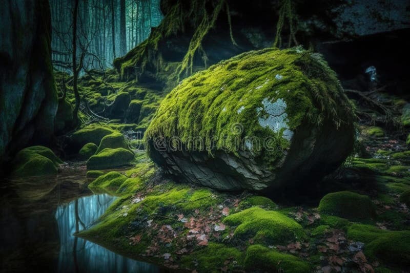 Close-up of Mysterious Moss-covered Rock in Forest Stock Illustration ...