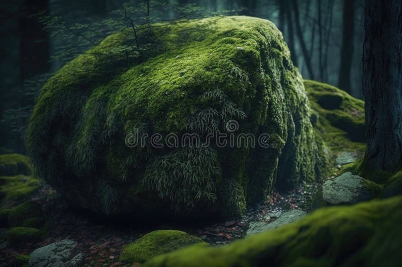 Close-up of Mysterious Moss-covered Rock in Forest Stock Illustration ...