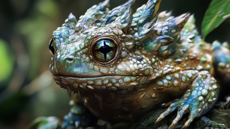 Close Up of a Mythical Blue Green Scaled Frog Stock Illustration ...