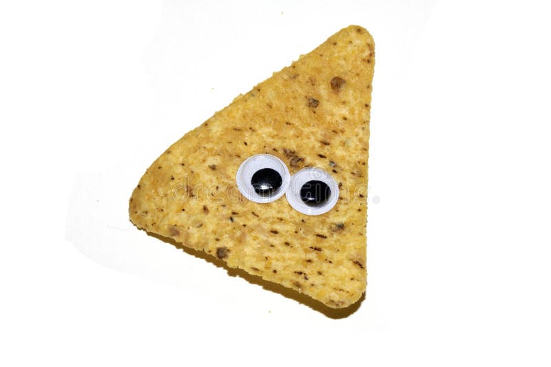 Close Up of Nacho Corn Crisp Chip Triangle Shape Snack with Funny Eyes ...