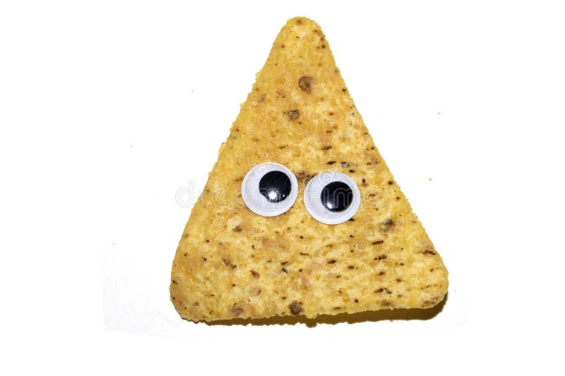 Close Up of Nacho Corn Crisp Chip Triangle Shape Snack with Funny Eyes ...