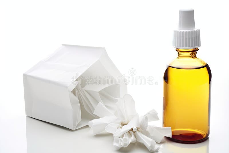 Close-up of Nasal Spray Bottle and Tissues on a White Background Stock ...