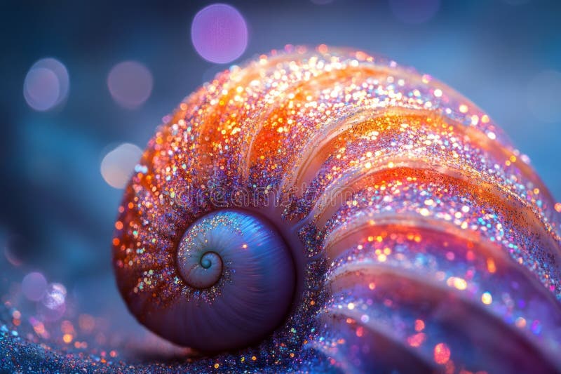 Close-up of a Nautilus Shell Covered in Sparkling Glitter, Creating a Magical and Otherworldly ...