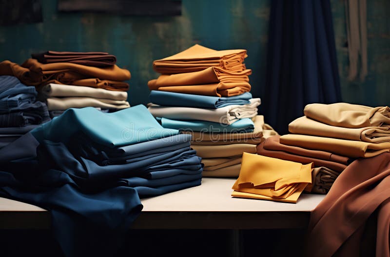 Stacked Fabric Rolls in a Sewing Workshop Stock Illustration ...