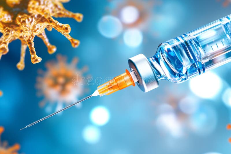 A Close-up of a Needle and a Vaccine Vial, with Virus Particles in the ...