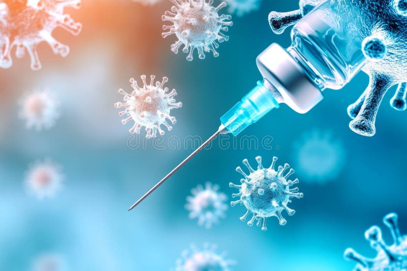 A Close-up of a Needle and a Vaccine Vial, with Virus Particles in the ...