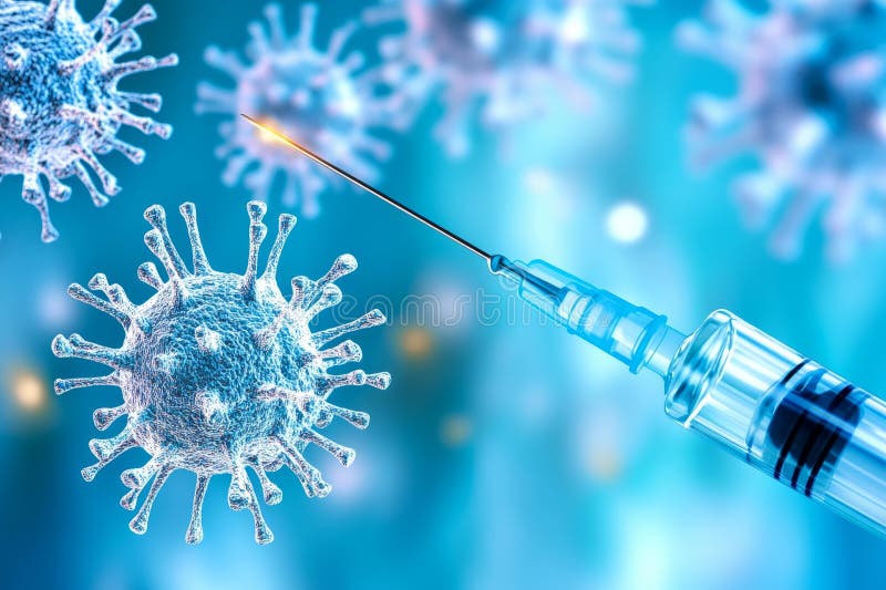 A Close-up of a Needle and a Vaccine Vial, with Virus Particles in the ...