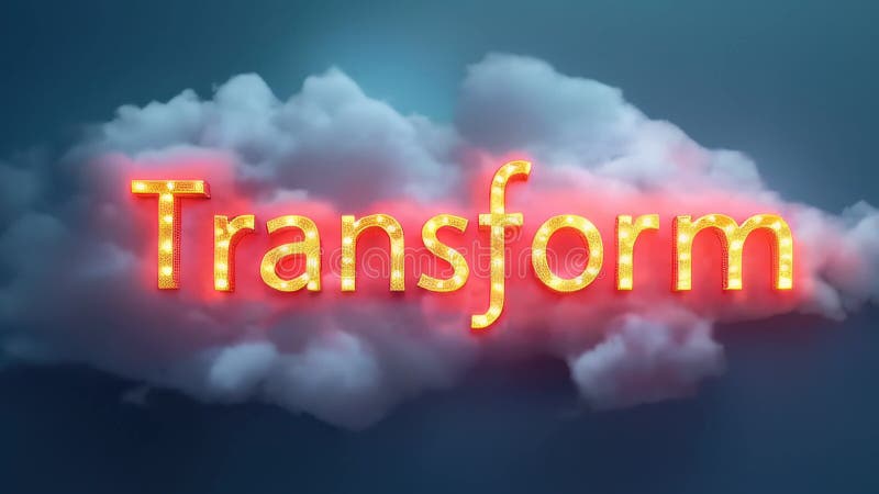 A Close Up of a Neon Sign that Reads Transform on a Cloudy Background ...