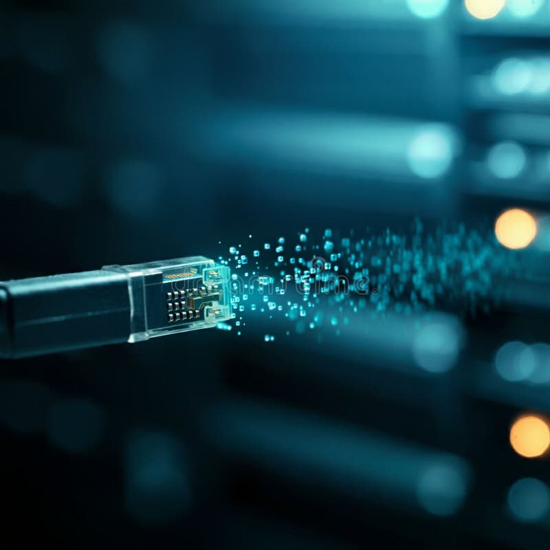 Close-up of a Network Cable with Abstract Digital Data Particles ...