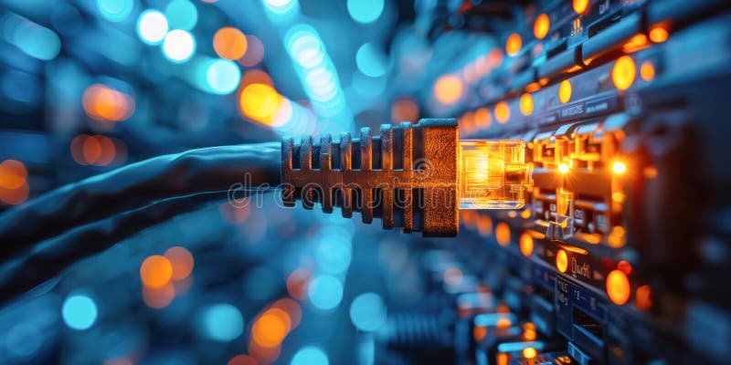 Close-up of a Network Cable Connected To a Server with Glowing Blue and ...