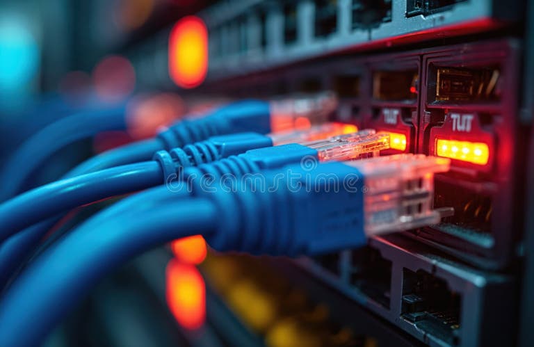 Close-up of Network Cables Connected Server Data Center. Ethernet ...