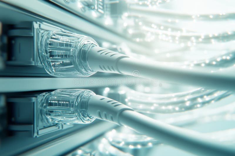 Close Up of Network Cables with Glowing LED Indicators Connected To a ...