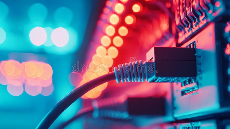 This is a Close-up of the Network Cables Plugged into the Server Rack ...