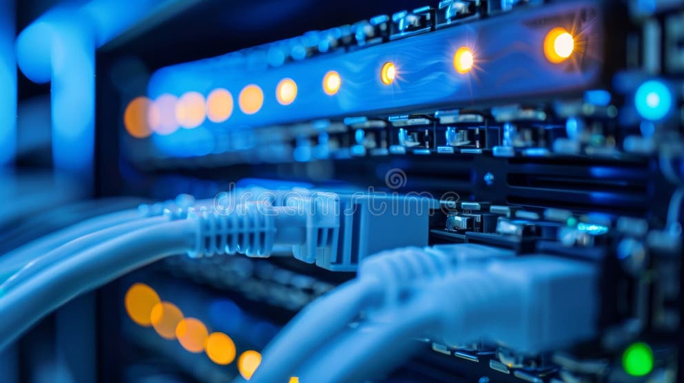 Close Up of Network Cables Plugged into a Server Rack. the Lights of ...