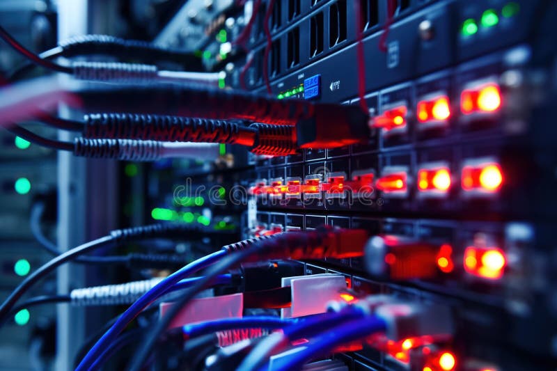 Close-up of Network Cables and Wires in Shades of Blue and Red Colors ...