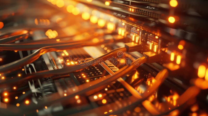 Close-up of a Network Server with Cables and Lights Stock Illustration ...