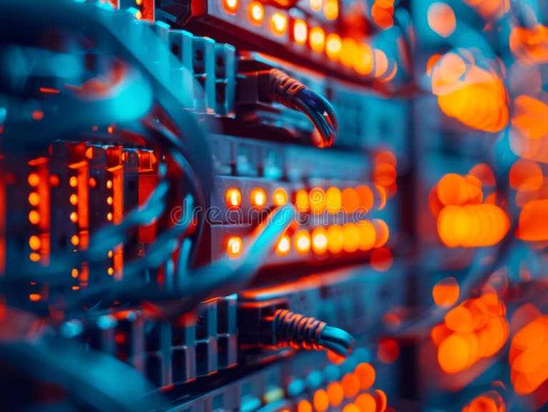 Close-up of Network Server Rack with Luminous Connectors Stock ...