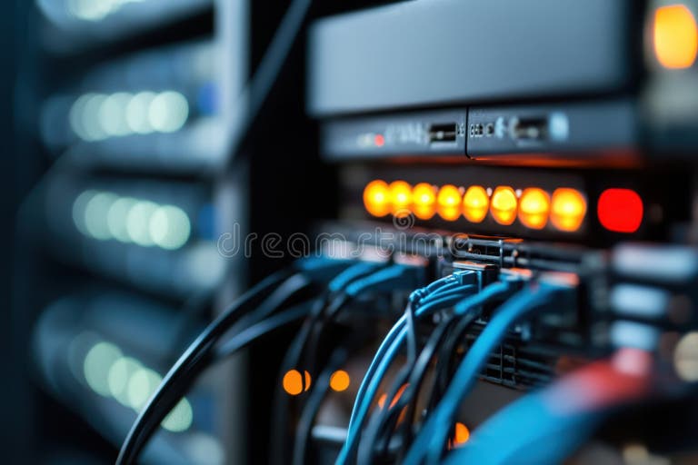 Close-Up of Network Servers with Cables and Lights in Data Center ...
