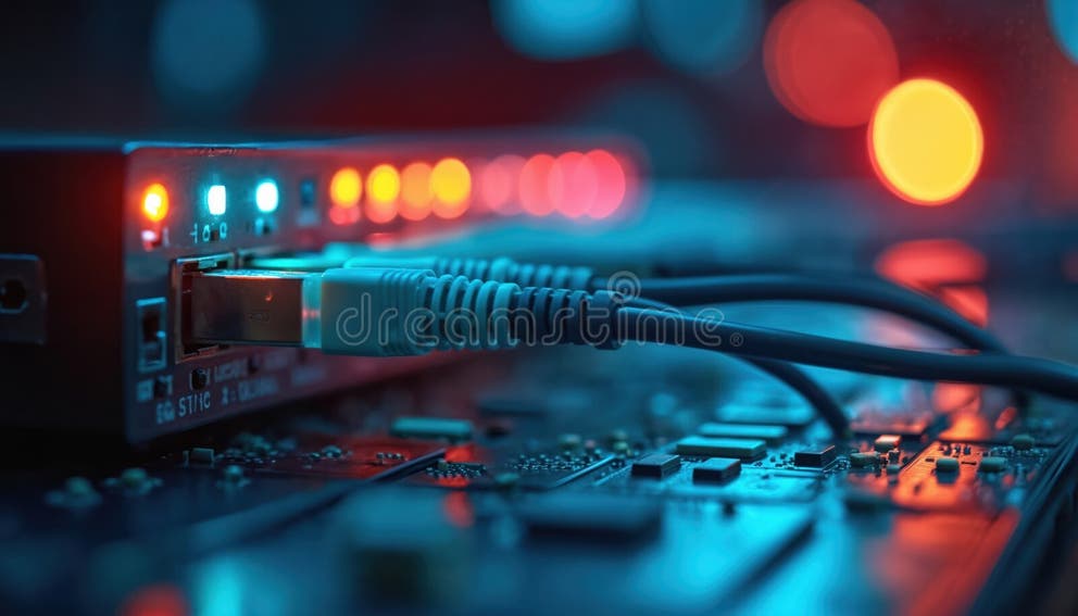 Close Up of Network Switch with Ethernet Cables. Hardware Manages ...