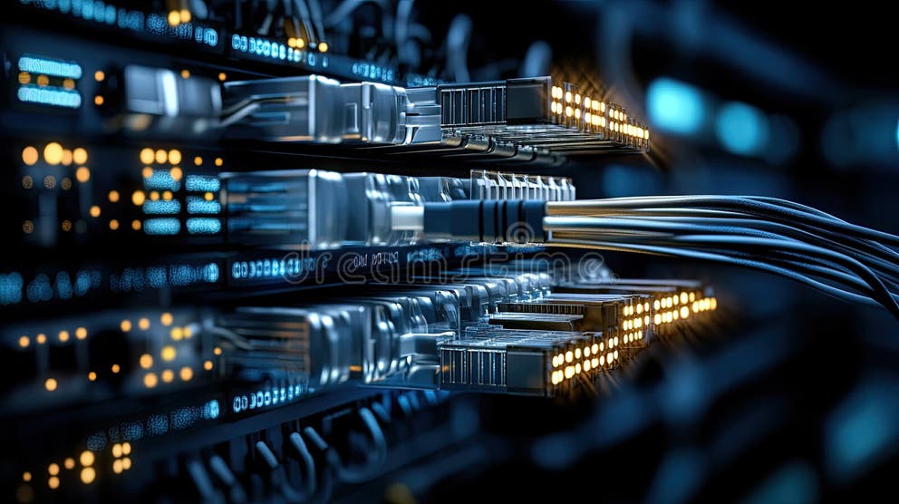 Close-up of a Network Switch with White Cables in a Data Center, Blue ...