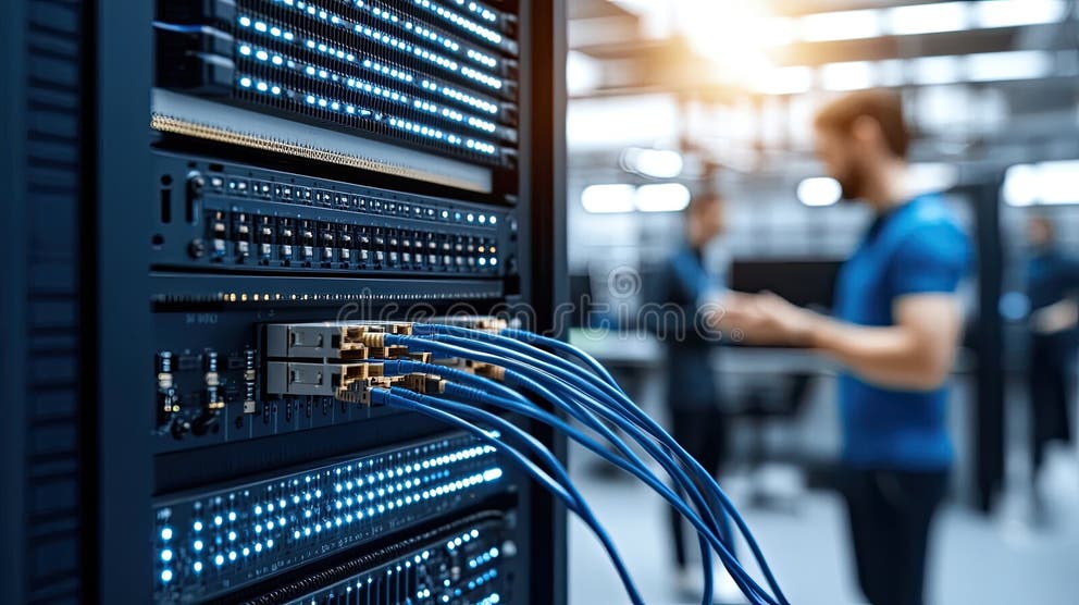 Close-up of a Network Switch with White Cables in a Data Center, Blue ...