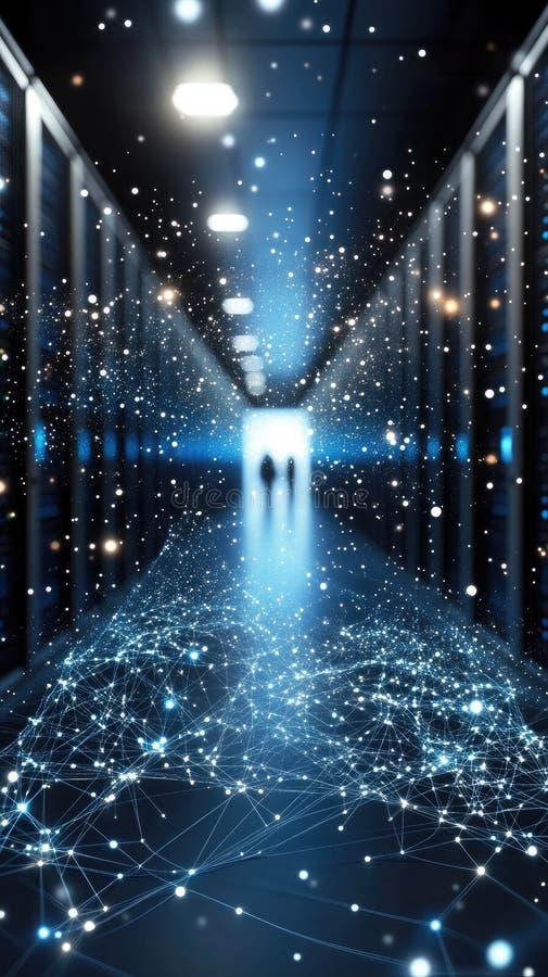 Close-up of a Network Switch with White Cables in a Data Center, Blue ...