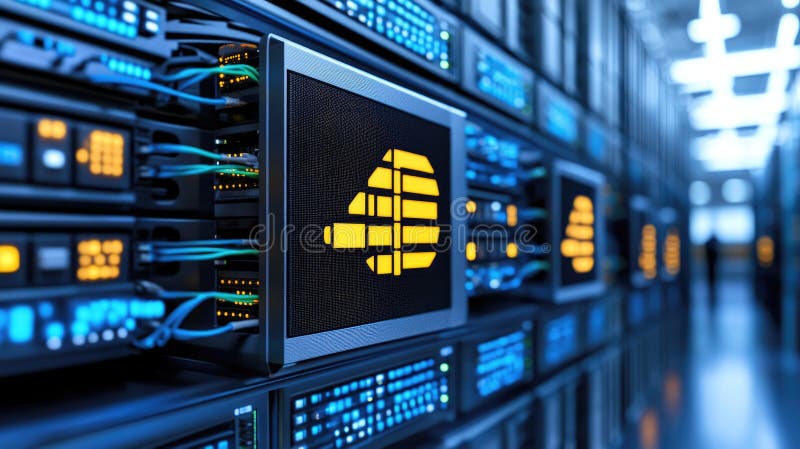 Close-up of a Network Switch with White Cables in a Data Center, Blue ...