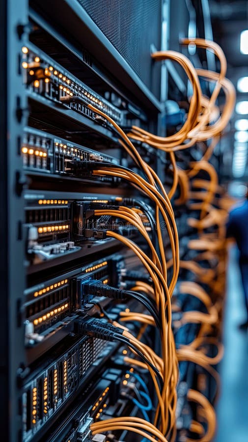 Close-up of a Network Switch with White Cables in a Data Center, Blue ...