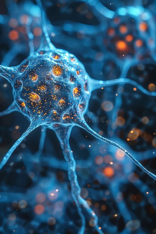 A Close Up of a Neuron Cell with Blue and Orange Lights, AI Stock ... A Close Up of a Neuron Cell with Blue and Orange Lights, AI Stock ...