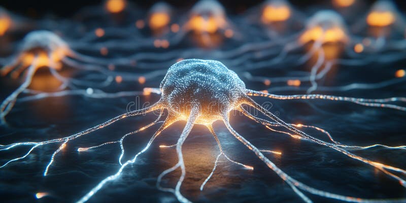 A Closeup of a Neuron Cell with Glowing Axons Stock Illustration ...
