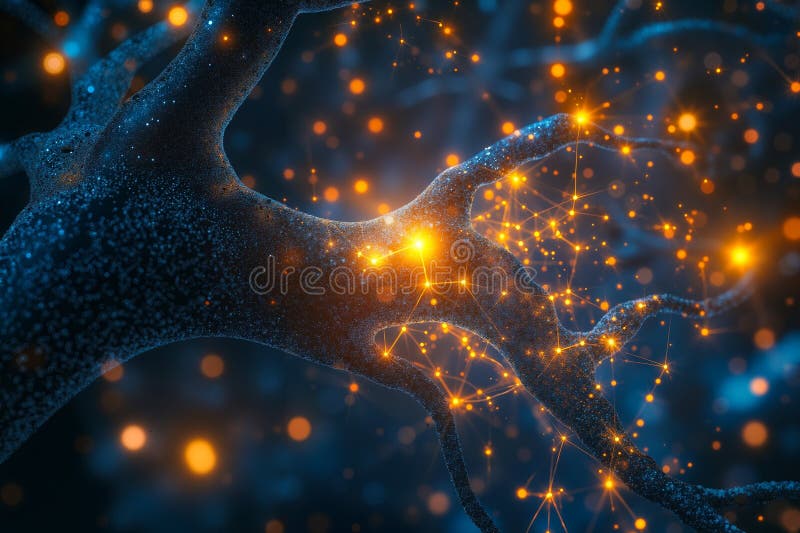 A Close Up of a Neuron with Glowing Neurons in the Background Stock ...