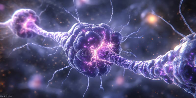 A Close-up of a Neuron, a Nerve Cell, with a Glowing Nucleus and ...