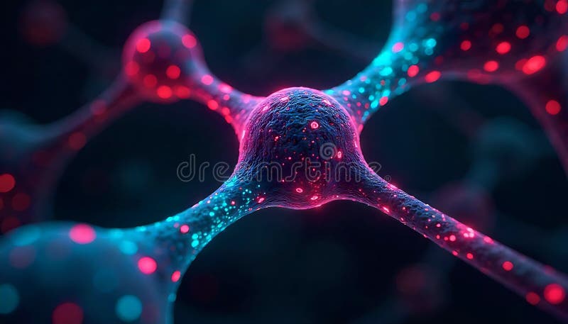 A Close Up of a Neuron Network with Red and Blue Lights in a Dark ...