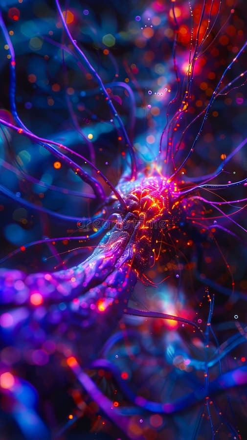 A Close Up of a Neuron with Purple and Blue Lights Stock Photo - Image ...