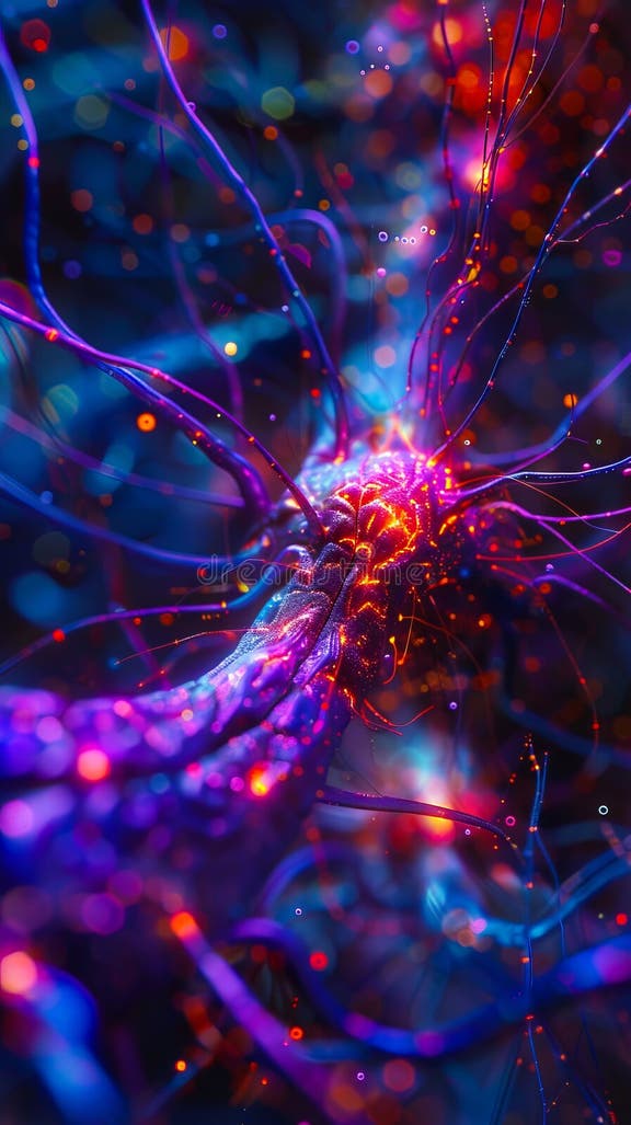 A Close Up of a Neuron with Purple and Blue Lights Stock Photo - Image ...