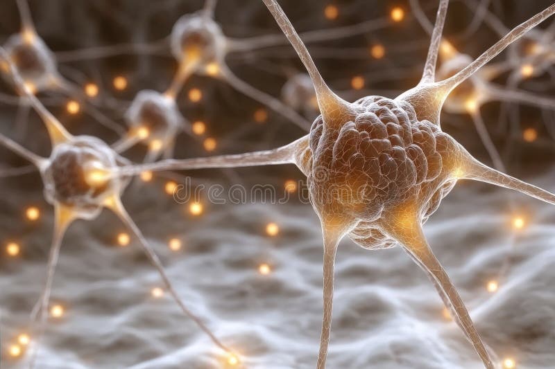 Close Up of Neurons with Glowing Synaptic Connections in a Microscopic ...
