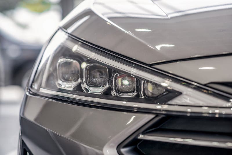 Close-up of New Grey Car Front Lights Stock Photo - Image of sedan ...